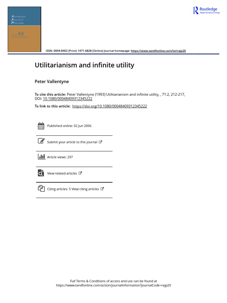 Vallentyne 1993 Utilitarianism and Infinite Utility | PDF | Utilitarianism | Utility
