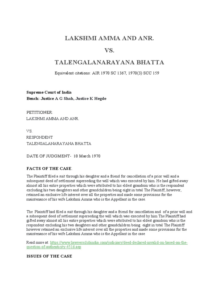 Lakshmi Amma and Anr. Vs Talengalanarayana Bhatta | PDF | Judgment (Law ...