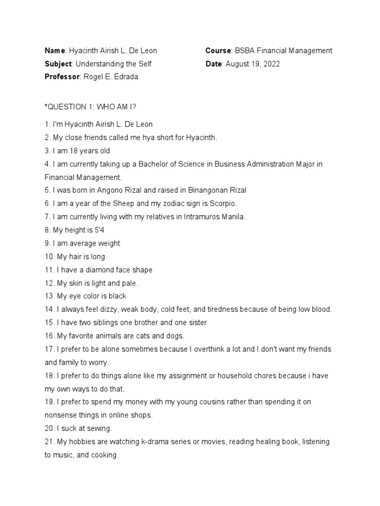 Understanding One's Identity: A Self-Reflection Essay | PDF ...