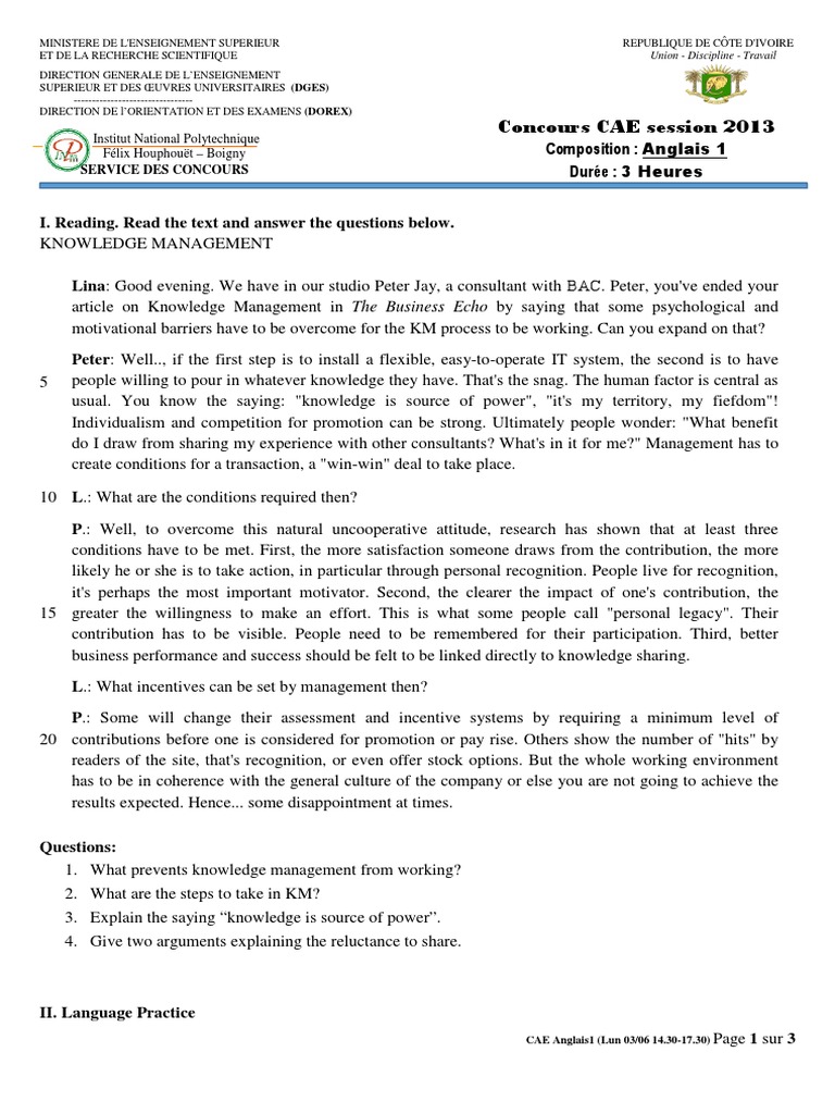 Concours CAE Session 2013: Institut National Polytechnique Félix Houphouët - Boigny Service Des ...
