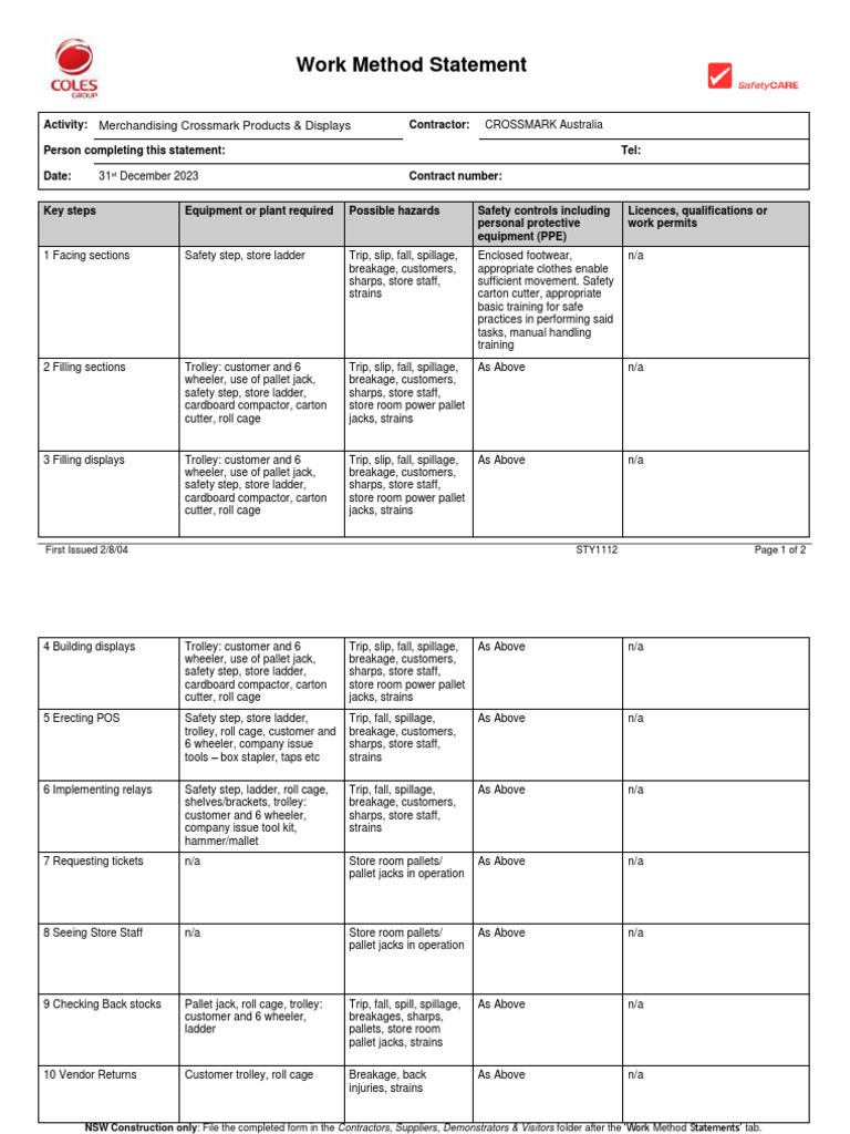 Coles Work Method Statement 2023 | PDF