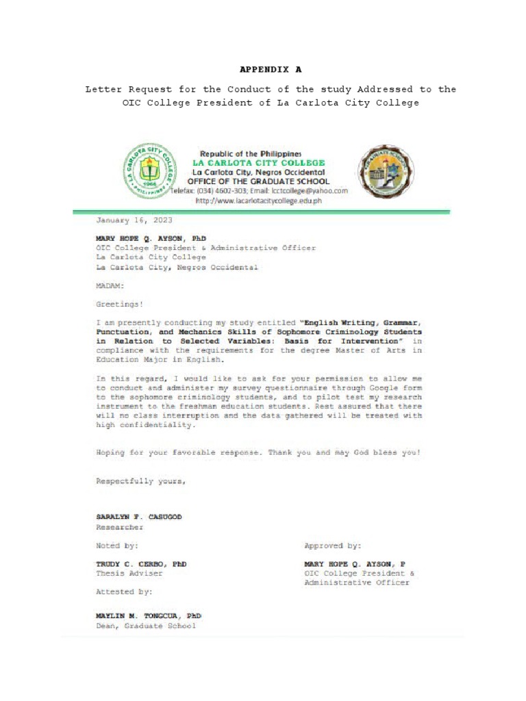 Letter Request For The Conduct of The Study Addressed To The OIC ...