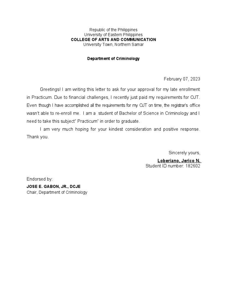 Letter For Late Enrollment | PDF