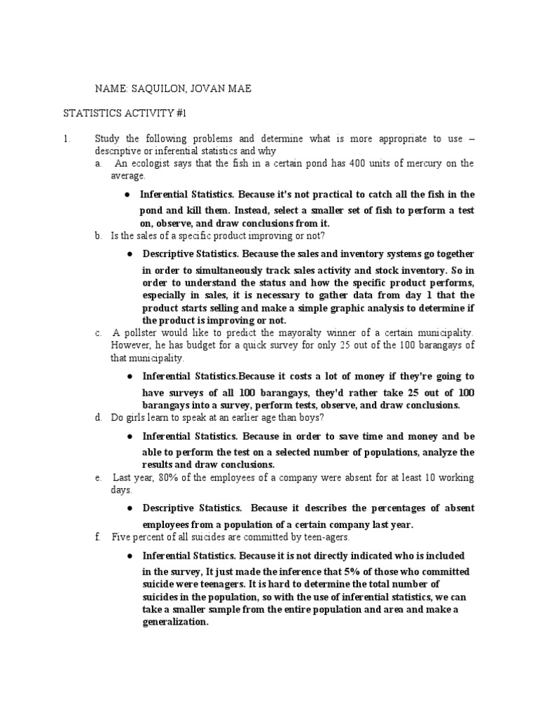 Statistics-Activity1 Jovan Mae Saquilon Assignment | PDF | Statistics | Statistical Inference