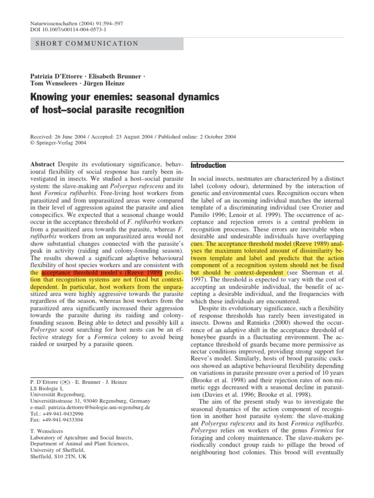 Knowing Your Enemies Seasonal Dynamics - Surlinger | PDF | Apocrita ...