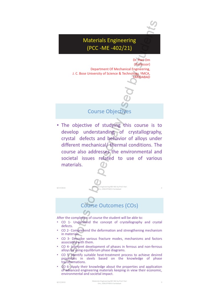 Materials Engineering - Pcc-Me 402 | PDF | Dislocation | Crystal Structure