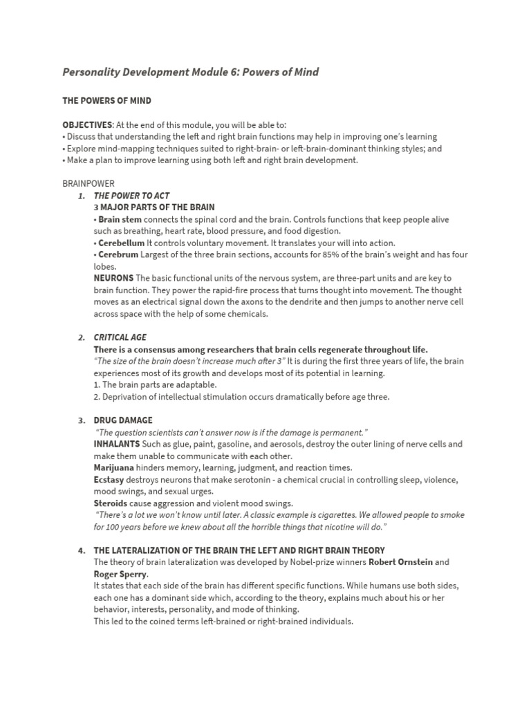 Personality Development Module 6 Handouts | PDF | Brain | Neuron