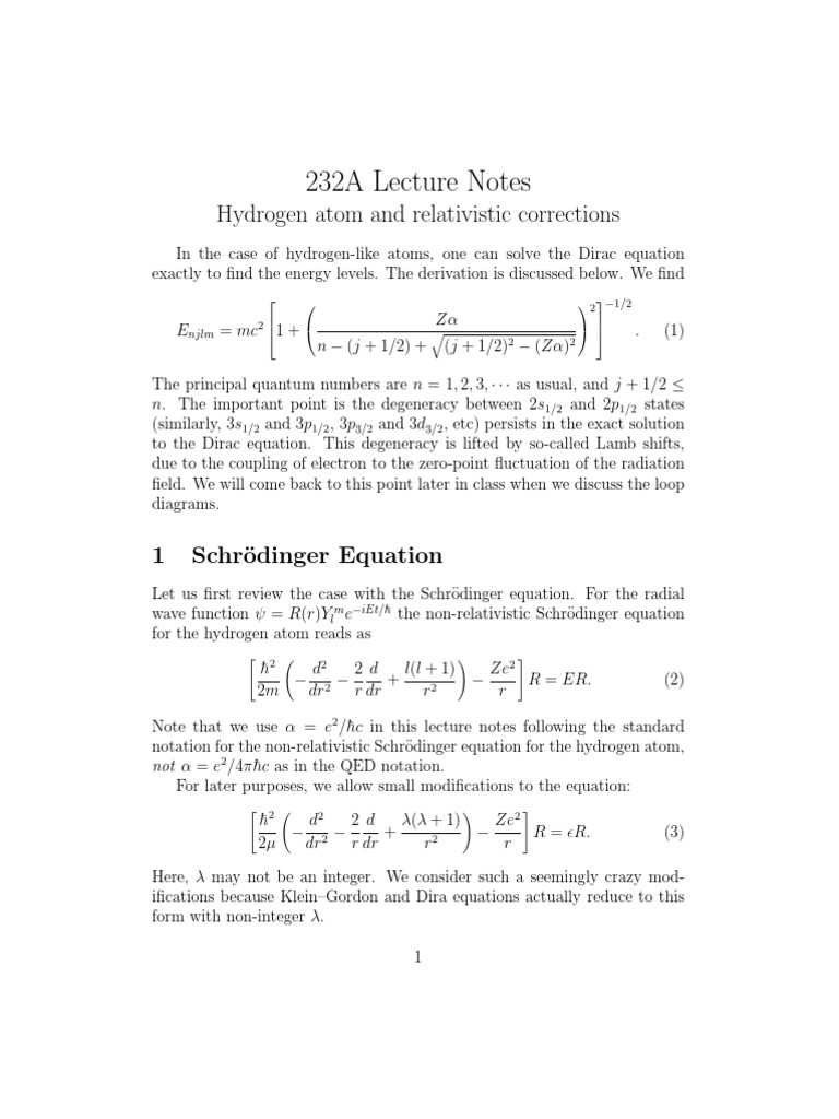 Hydrogen Atom and Relativitic Corrections - Example - Lamb Shift | PDF ...