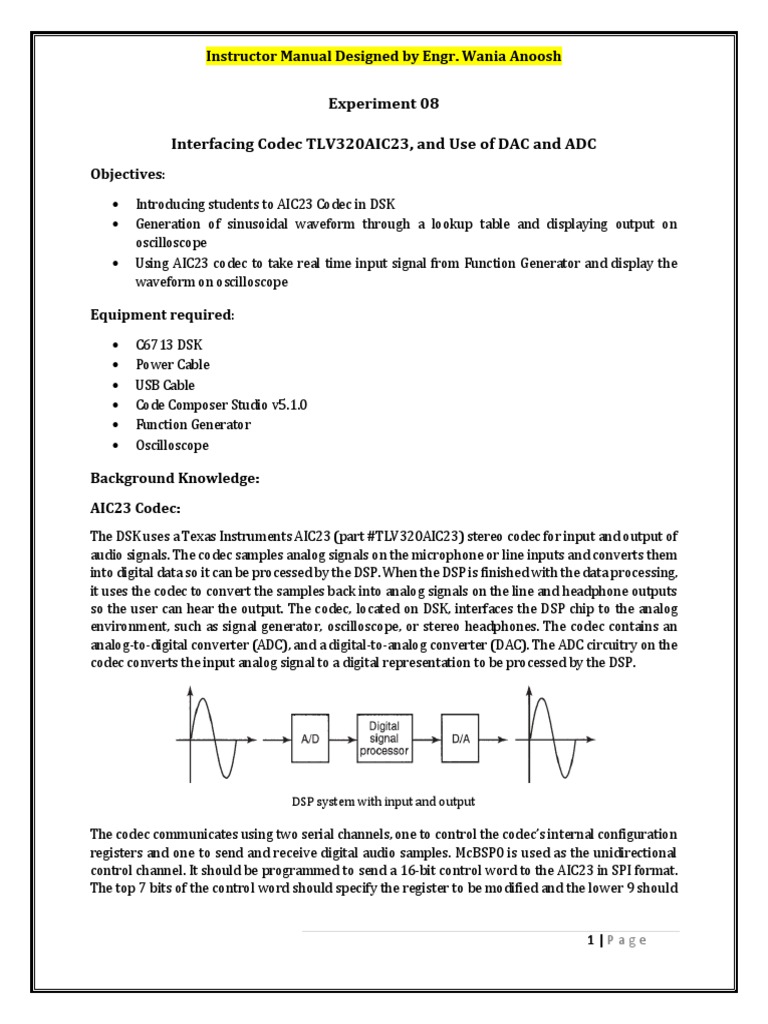 Experiment 08 Interfacing Codec TLV320AIC23, and Use of DAC and ADC | Download Free PDF ...