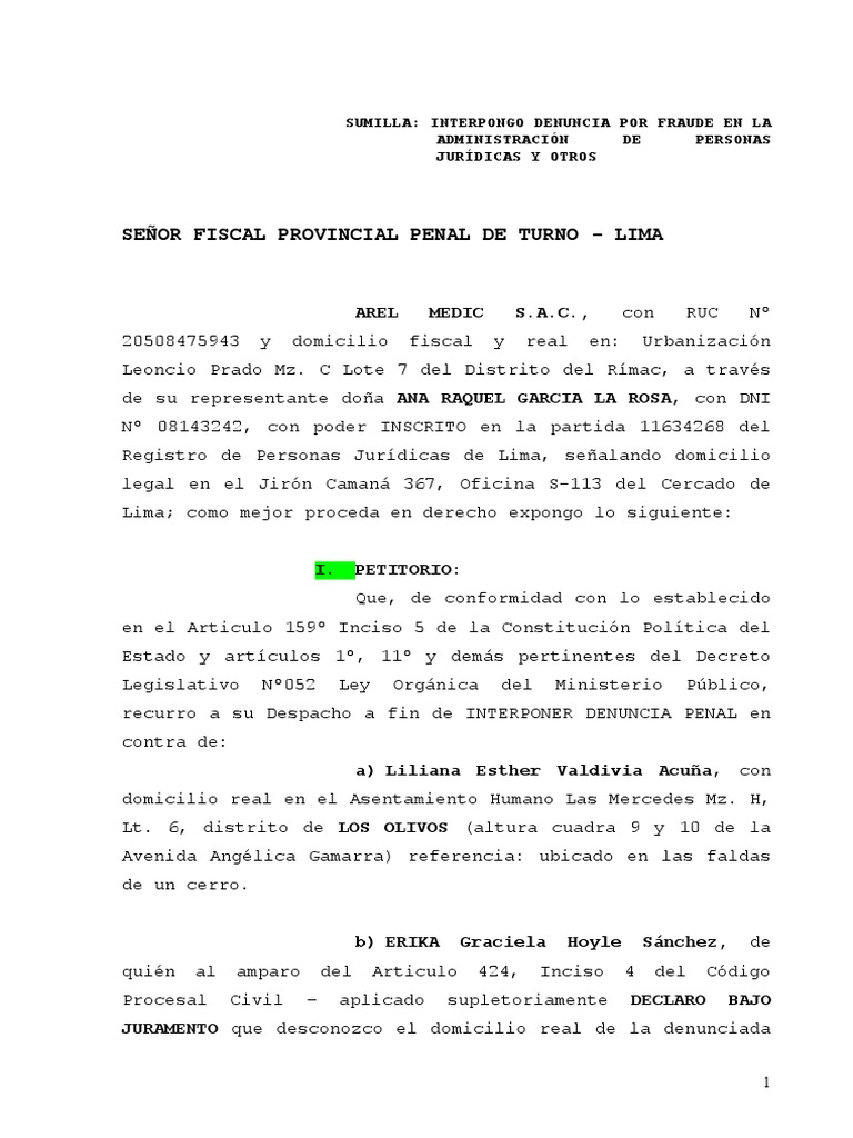 Denuncia Por Fraude - Arel Medic S.A.C. | PDF | Bancos | Derecho penal