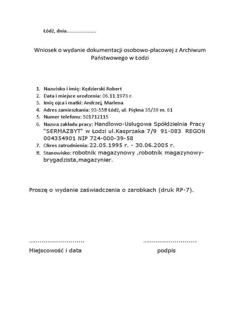 Wniosek o Wydanie Dokumentacji Osobowo-Płacowej Z Archiwum Państwowego W Łodzi | PDF