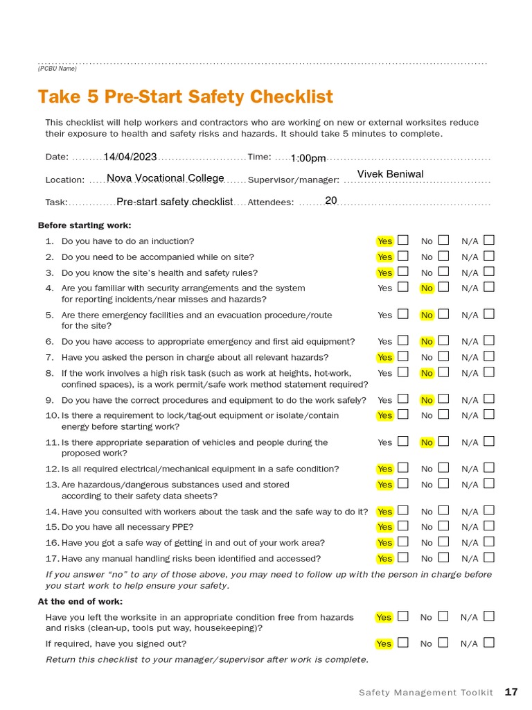 Task 2.1 WorkSafe TAS Take 5 Pre-Start Safety Checklist | PDF ...