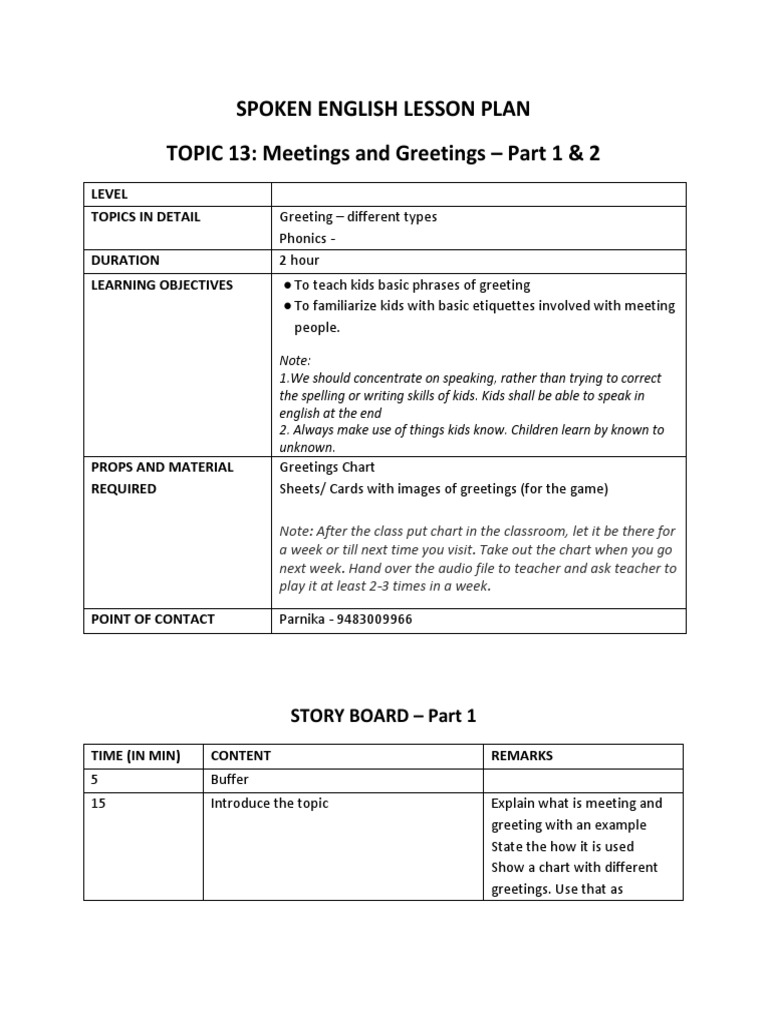 Greetings and Meetings Lesson Plan | PDF | English Language | Phonics