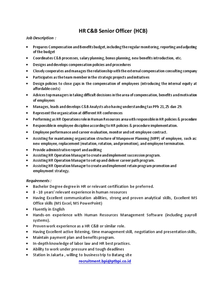 HR C&B Senior Officer (HCB) : Job Description | PDF | Compensation And Benefits | Human Resources