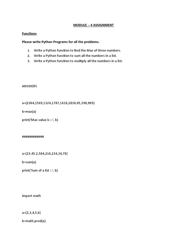 Module - 4 Assignment Functions Please Write Python Programs For All The Problems | PDF