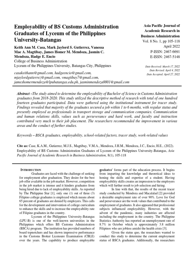 Employability of BS Customs Administration Graduates of Lyceum of The ...