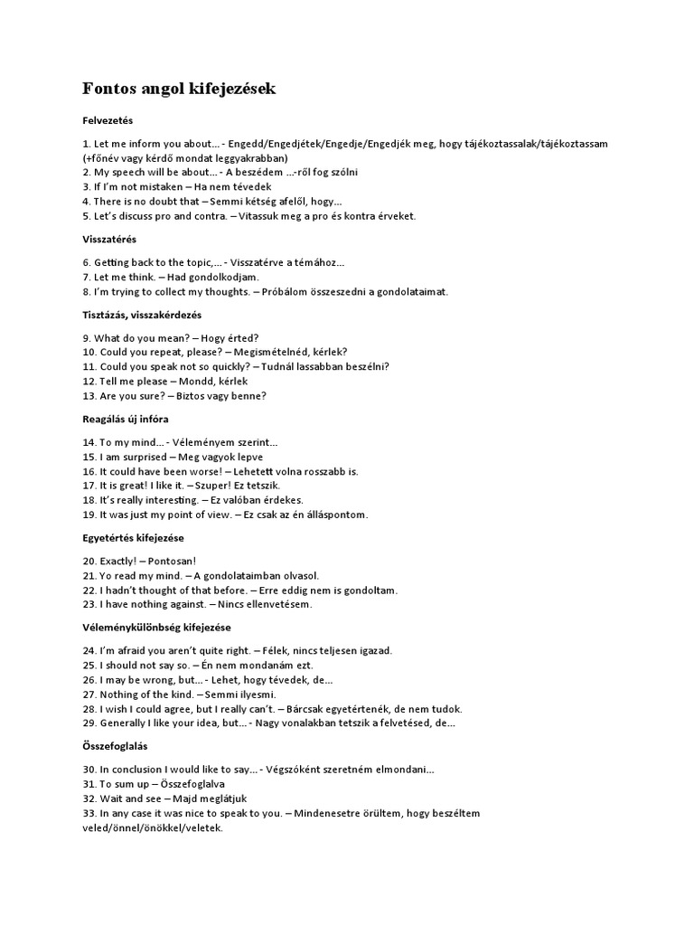 Fontos Angol Kifejezések: Felvezetés | PDF