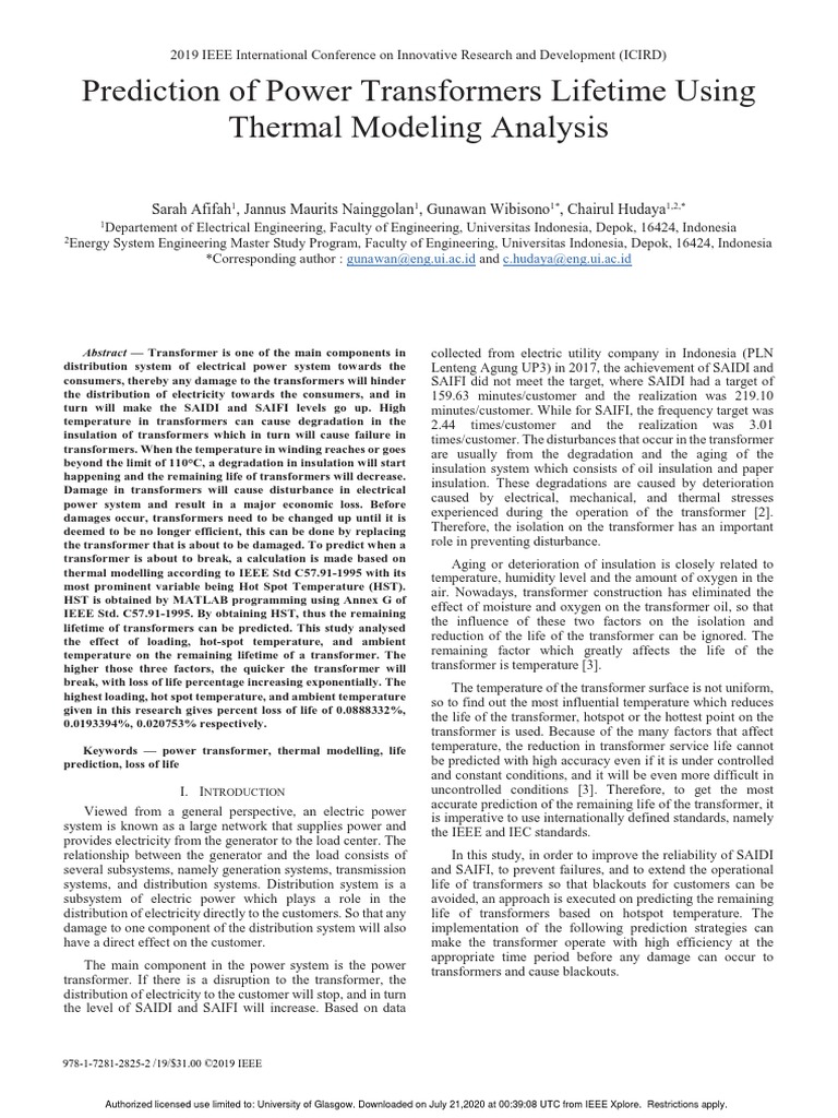 Prediction Of Power Transformers Lifetime Using Pdf Transformer