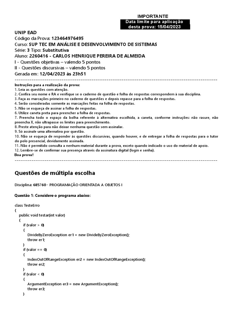 PROVA SUBSTITUTIVA DE ANÁLISE E DESENVOLVIMENTO DE SISTEMAS - UNIP EAD | PDF | Classe ...