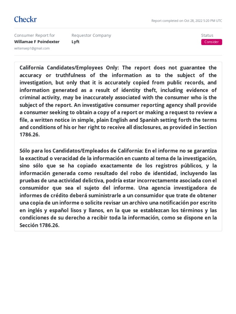 Willamae F Poindexter Lyft: Consumer Report For Requestor Company ...