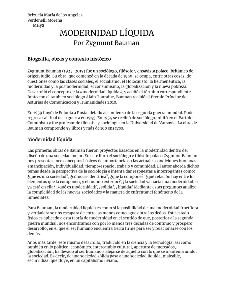 Modernidad Líquida: Por Zygmunt Bauman | PDF
