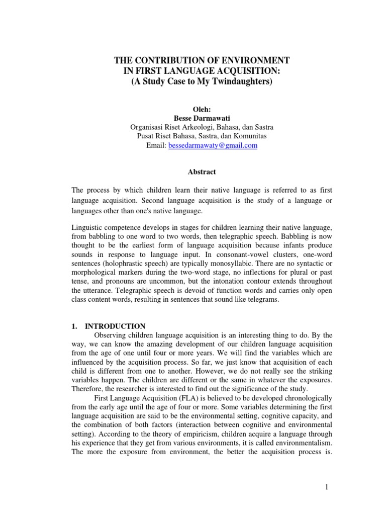 THE CONTRIBUTION OF ENVIRONMENT IN FIRST LANGUAGE ACQUISITION: (A Study Case To My Twindaughters ...