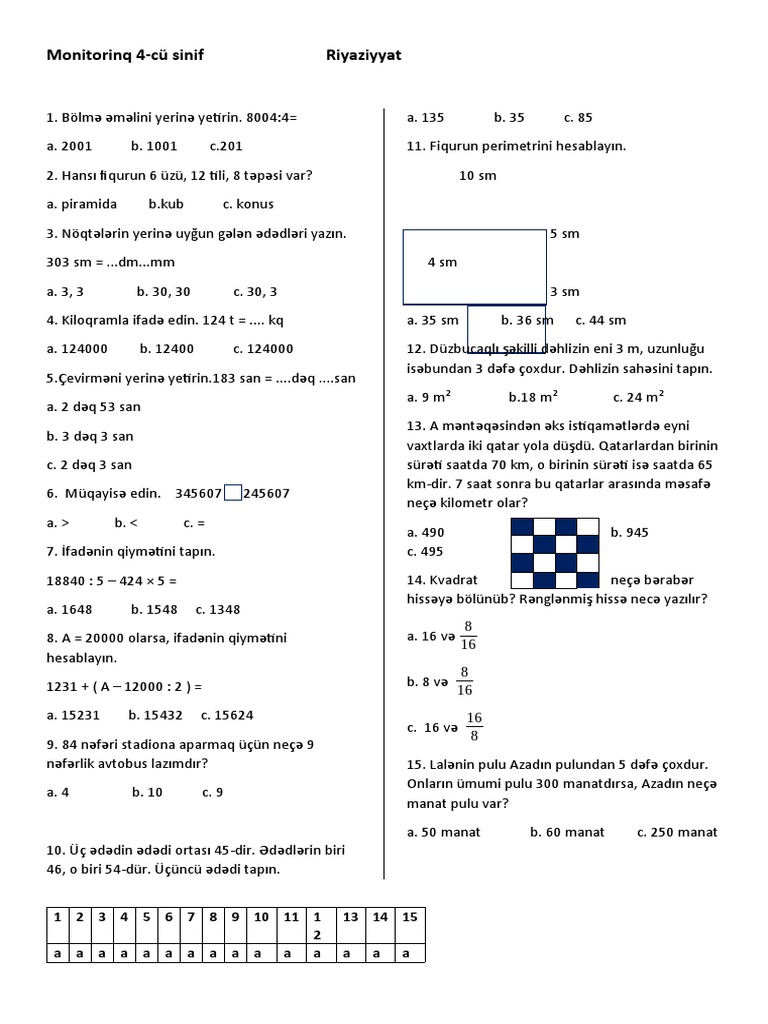 Monitorinq 4-Cü Sinif Riyaziyyat | PDF