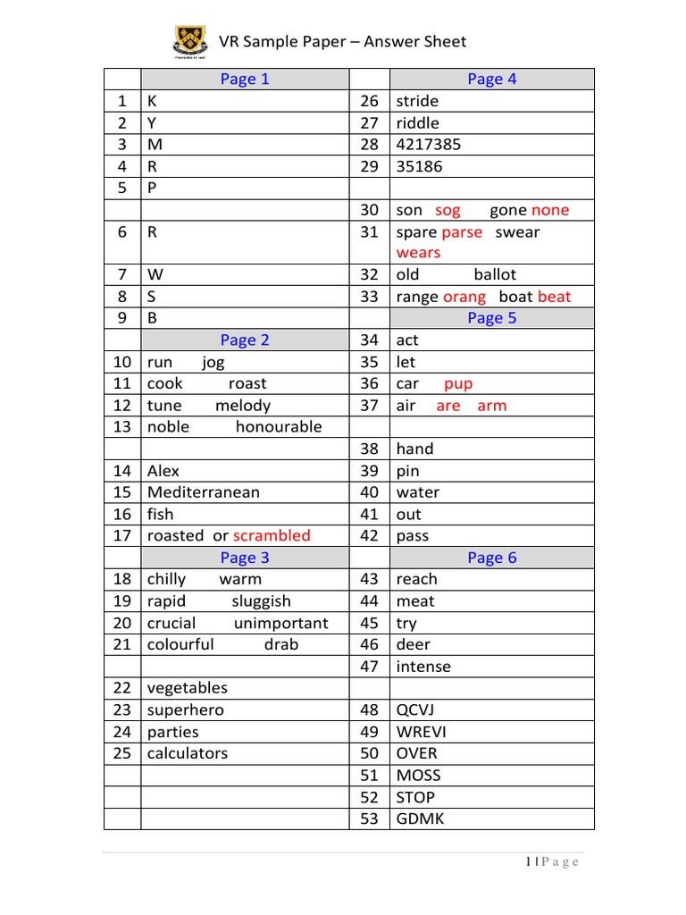 Stockport Grammar School 11 Plus Verbal Reasoning Sample Paper Answers | PDF