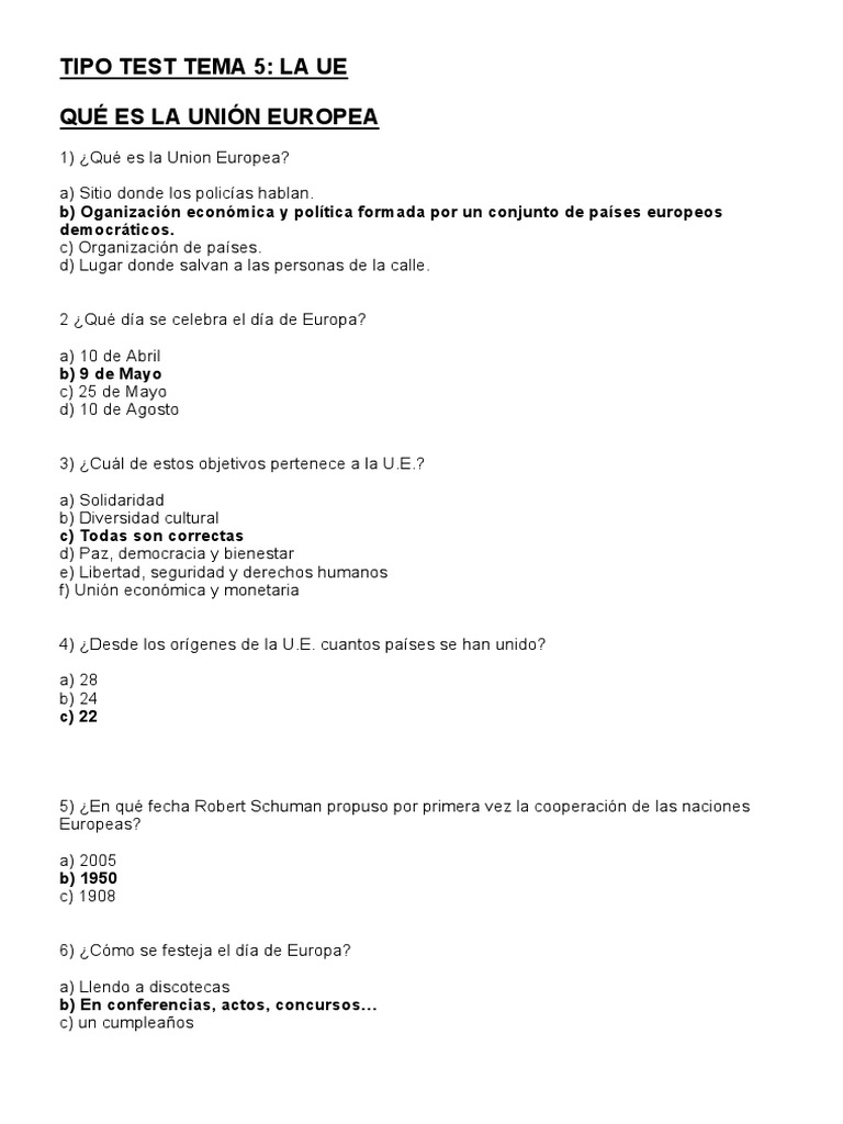 Tipo Test Tema 5: La Ue Qué Es La Unión Europea | PDF | Europa | Unión ...