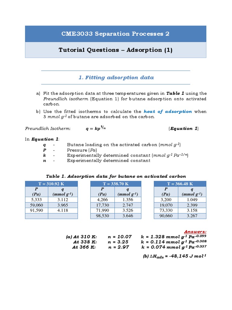 Adsorption Tutorial Questions | PDF | Adsorption | Applied And Interdisciplinary Physics