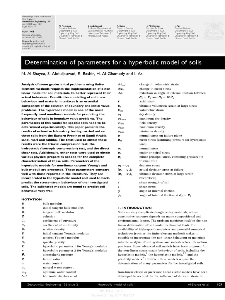 Determination of Parameters for Hyperbolic Model of Soils | PDF | Young's Modulus | Stress ...