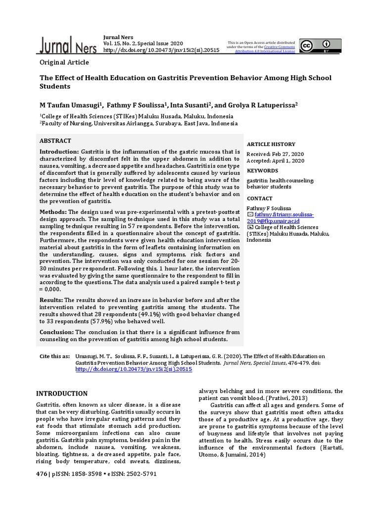 The Effect of Health Education On Gastritis Prevention Behavior Among ...