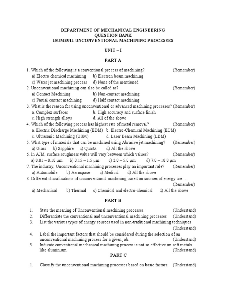 Department of Mechanical Engineering Question Bank 15ume911 ...