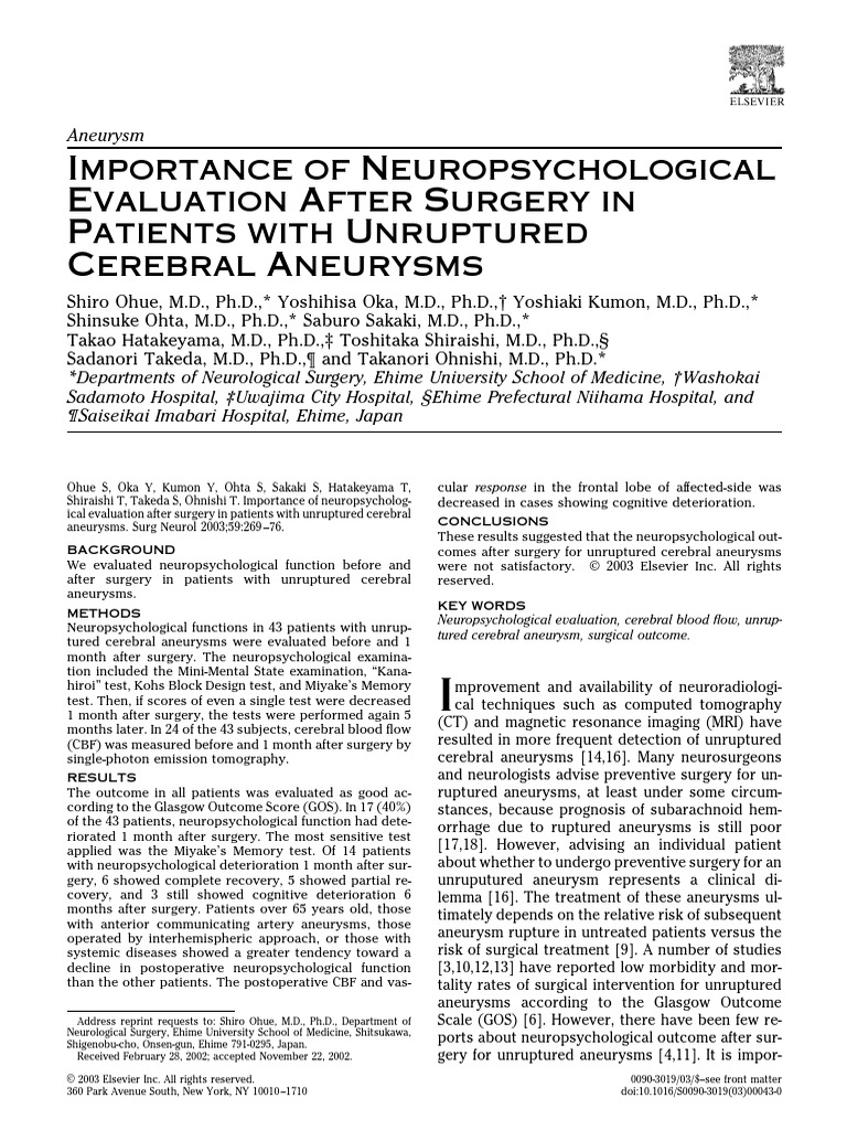 Importance of Neuropsychological Evaluation After Surgery in Patients With Unruptured Cerebral ...