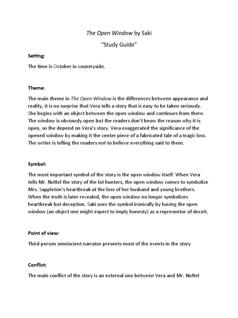 The Open Window by Saki: "Study Guide" | PDF