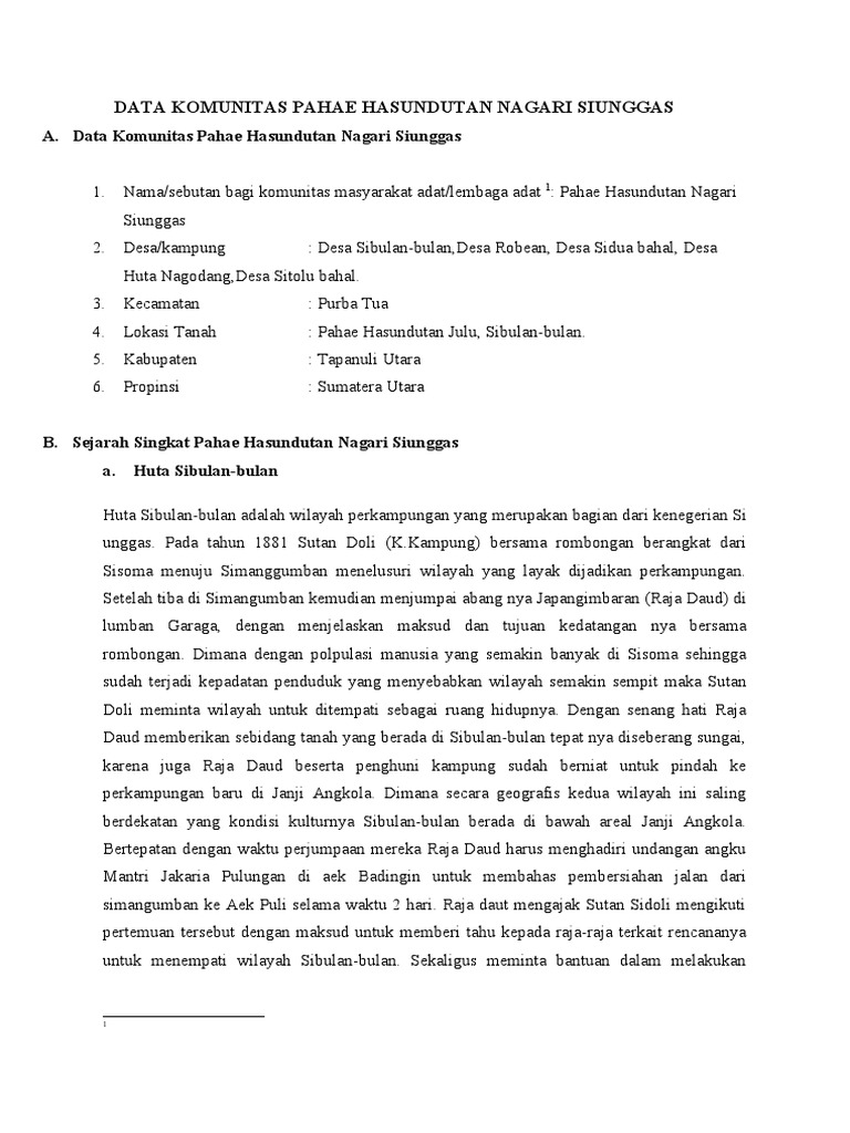 Data Komunitas Pahae Hasundutan Nagari Siunggas | PDF
