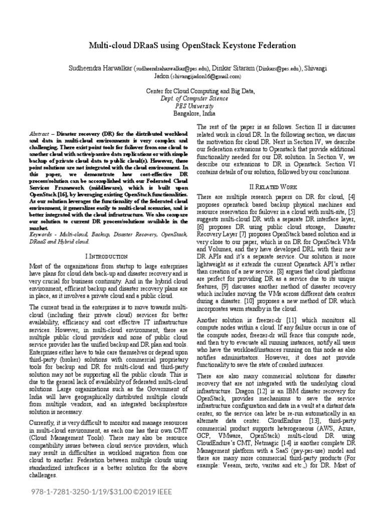 Multi-Cloud Draas Using Openstack Keystone Federation: Sudheendra Harwalkar (Dinkar Sitaram ...