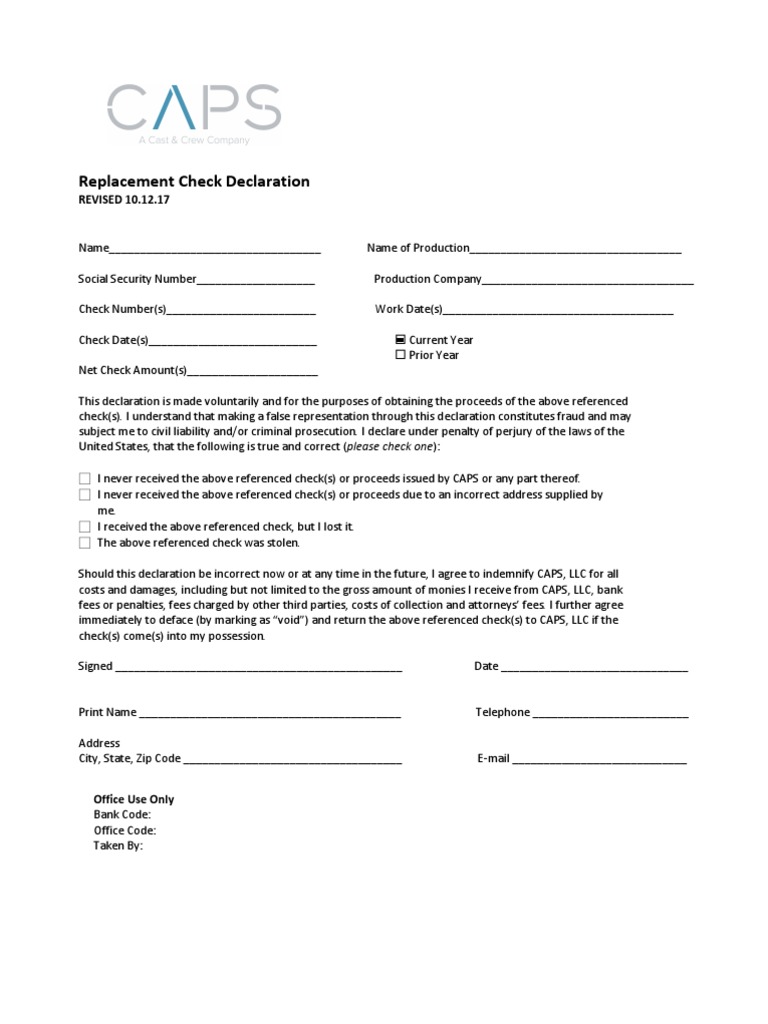 CAPS Replacement Check Declaration | PDF