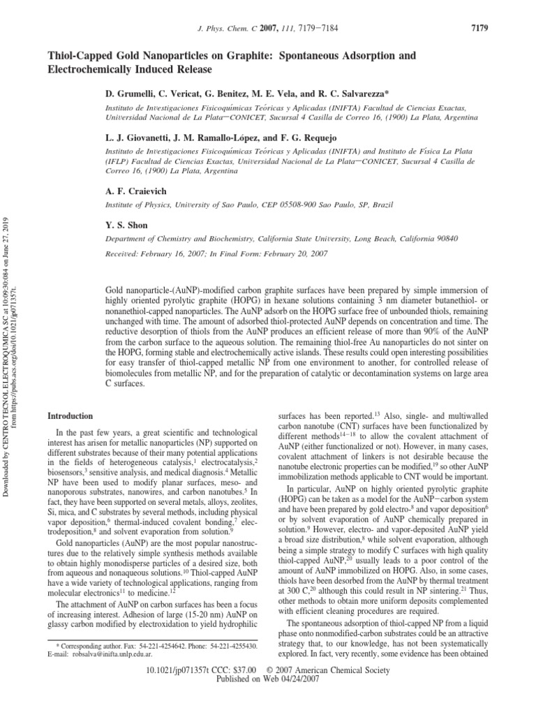 Thiol-Capped Gold Nanoparticles On Graphite Spontaneous Adsorption and | PDF | Adsorption ...