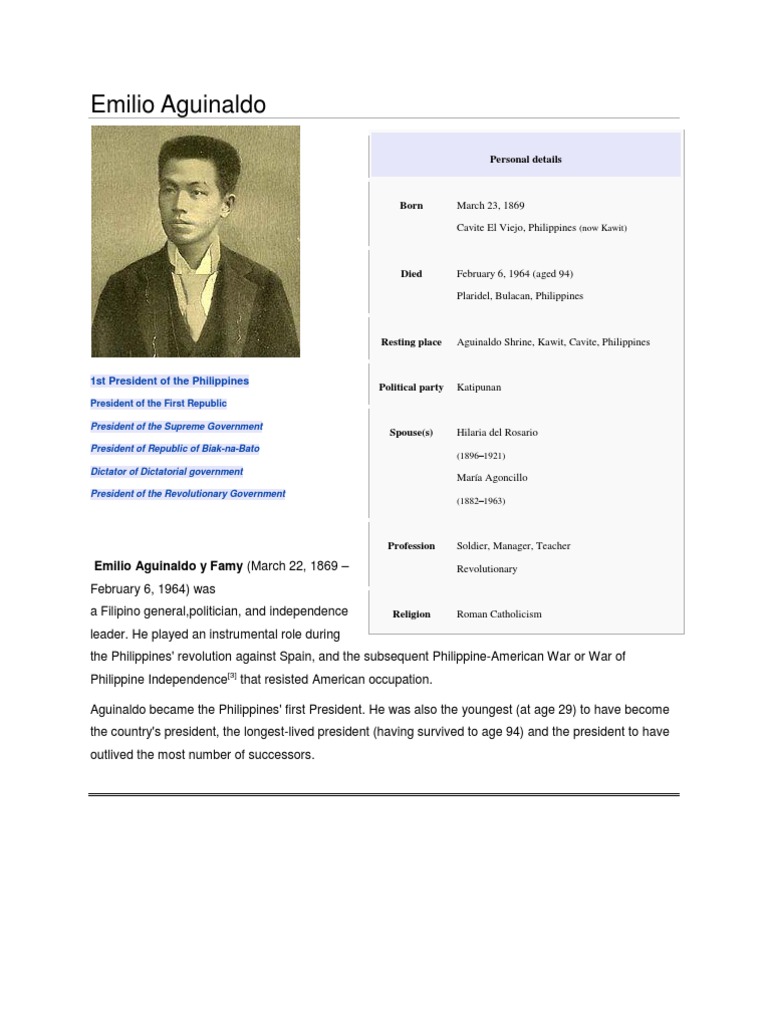 Emilio Aguinaldo: 1st President of The Philippines | PDF | Corazon ...