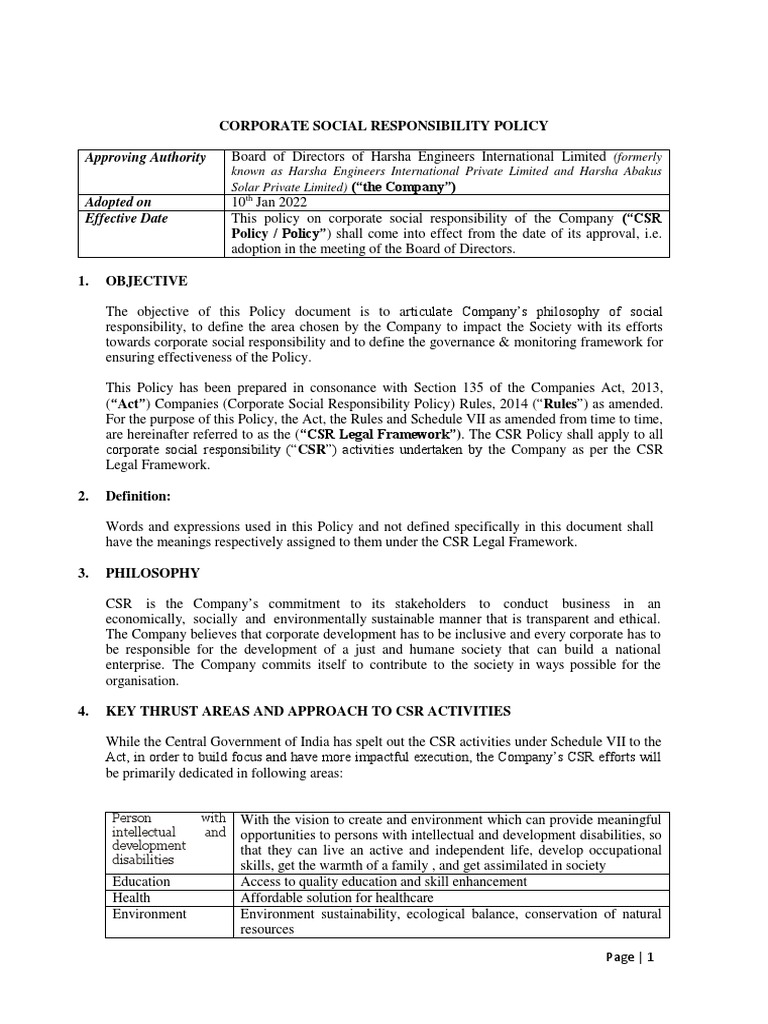 CSR Policy | PDF | Corporate Social Responsibility
