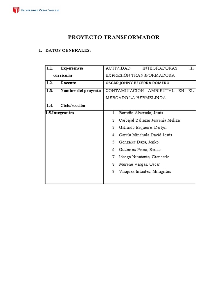 Proyecto Transformador: 1. Datos Generales | PDF | Residuos | Contaminación
