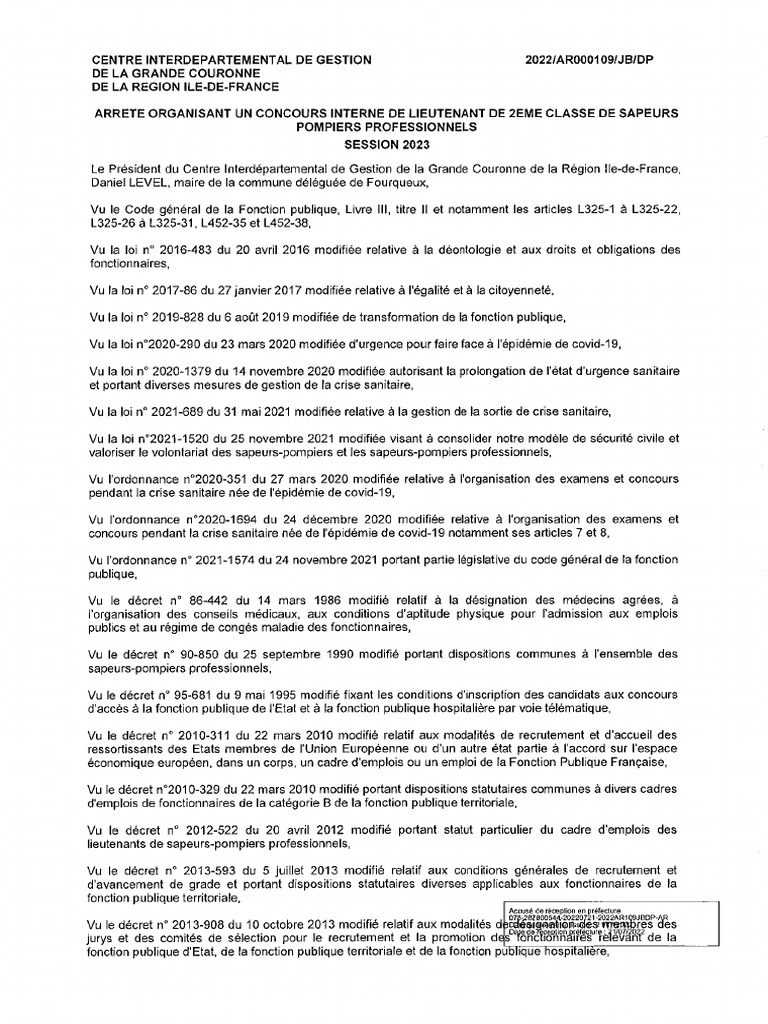 Arrêté D'ouverture de Concours Lieutenant - Sapeurs | PDF