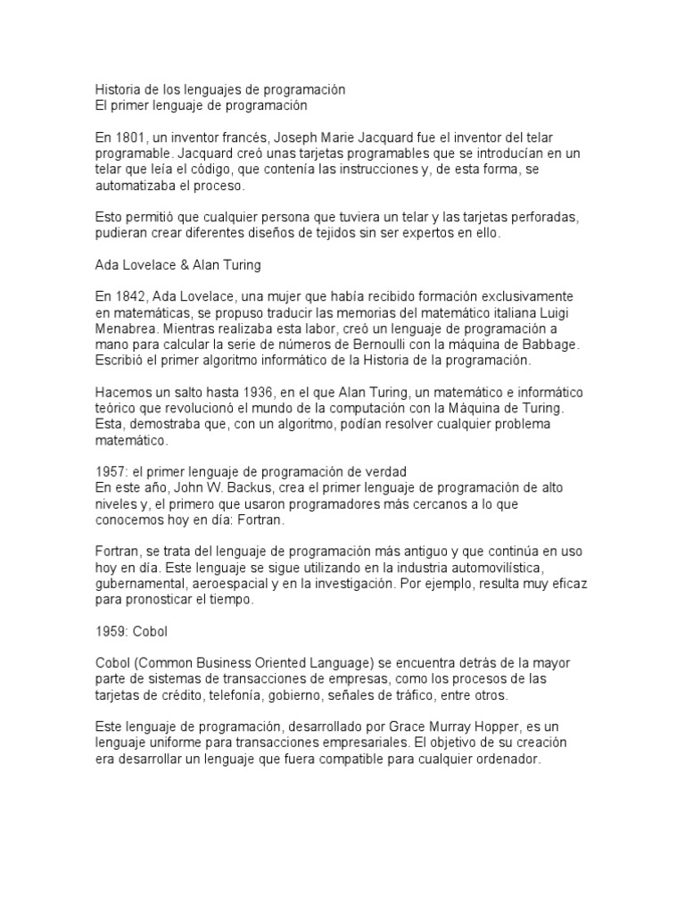 Historia de Los Lenguajes de Programación | PDF | Lenguaje de ...