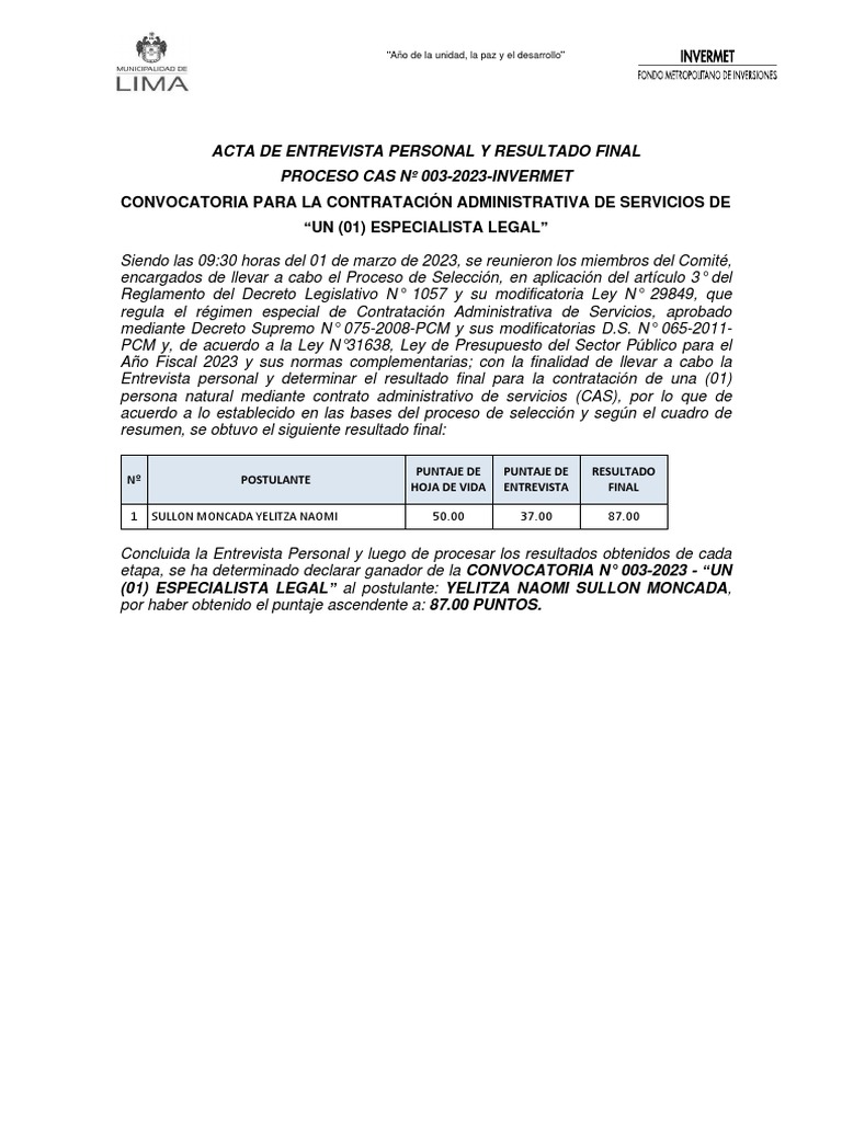 RESULTADO FINAL CAS N° 003-2023 | PDF