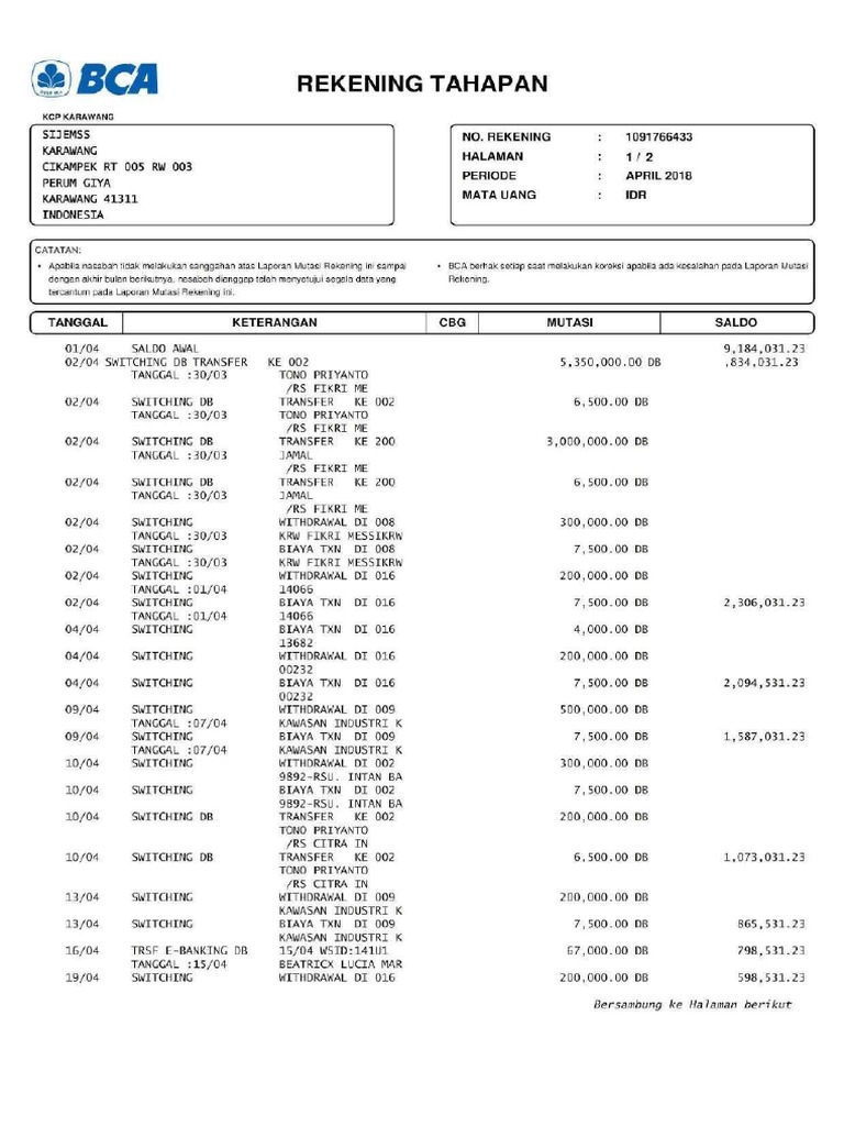 Contoh Rekening Koran BCA 1 | PDF