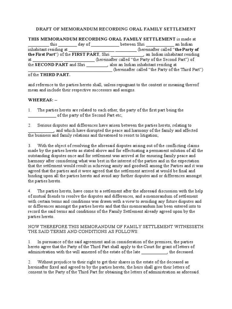 Draft of Memorandum Recording Oral Family Settlement | PDF | Probate ...