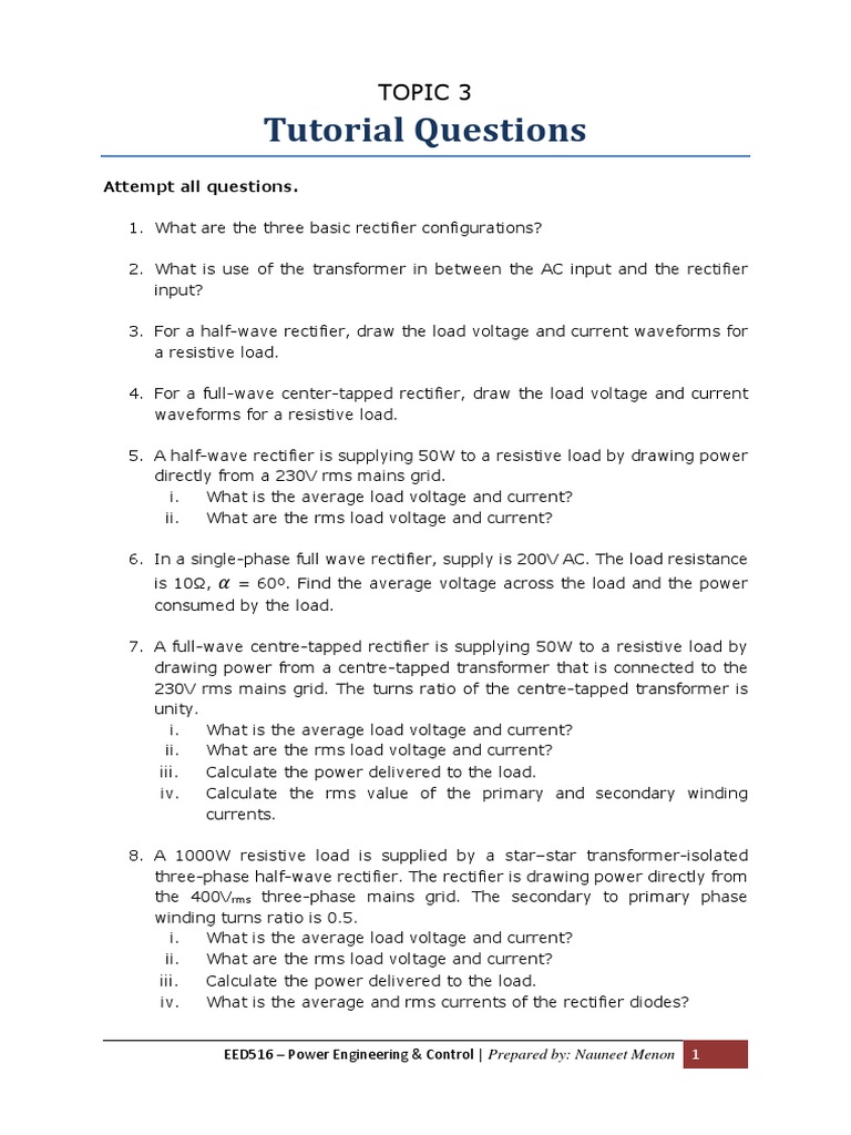 Topic 3 - Tutorial Questions | PDF | Rectifier | Mains Electricity