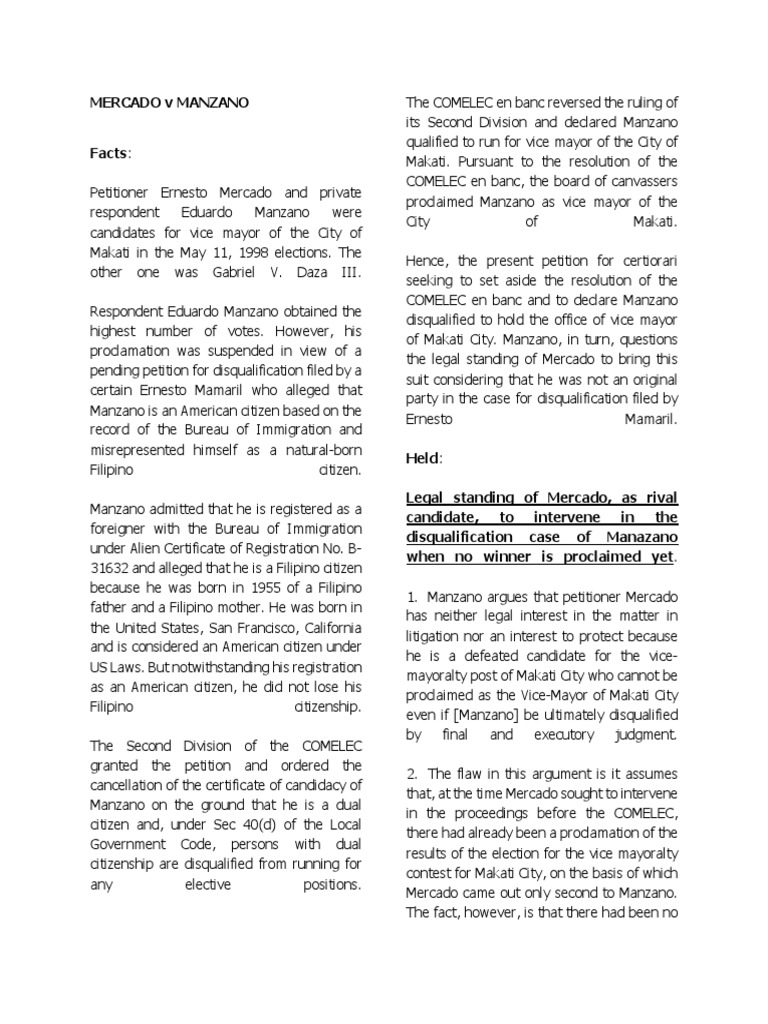 Mercado V Manzano Case + Notes | PDF | Naturalization | Citizenship Of ...