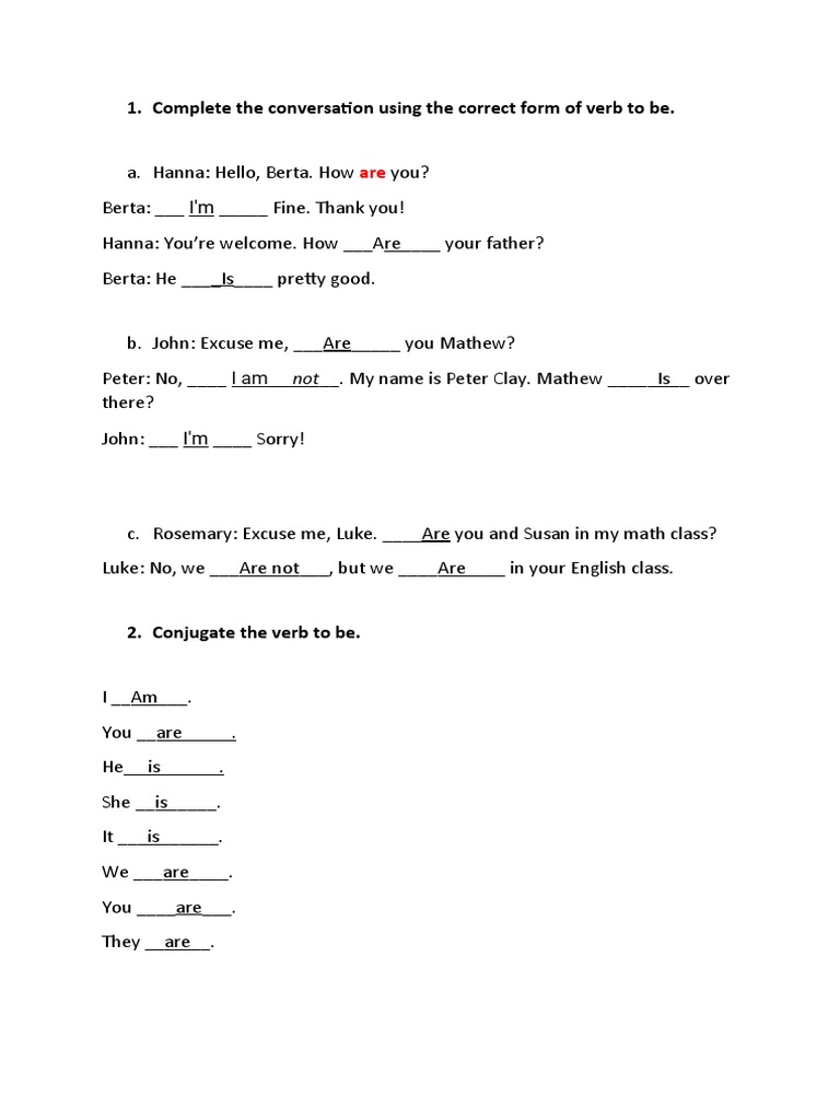 Complete The Conversation Using The Correct Form Of Verb To Be PDF